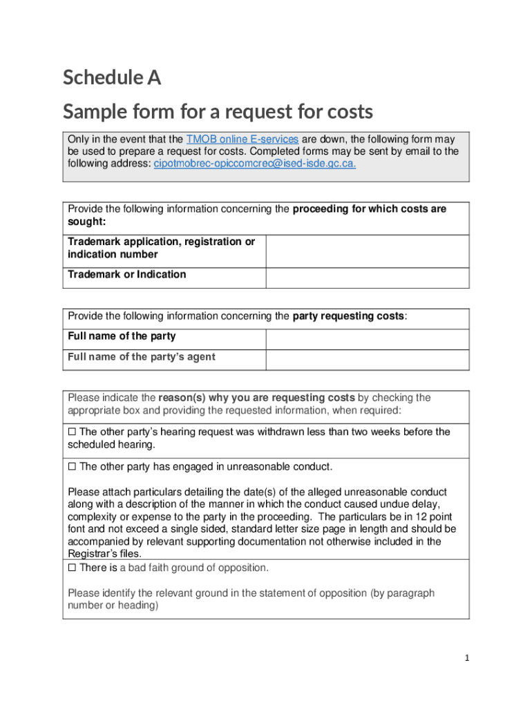 Fillable Online Schedule A (Sample form for a request for costs) Fax Email Print - pdfFiller