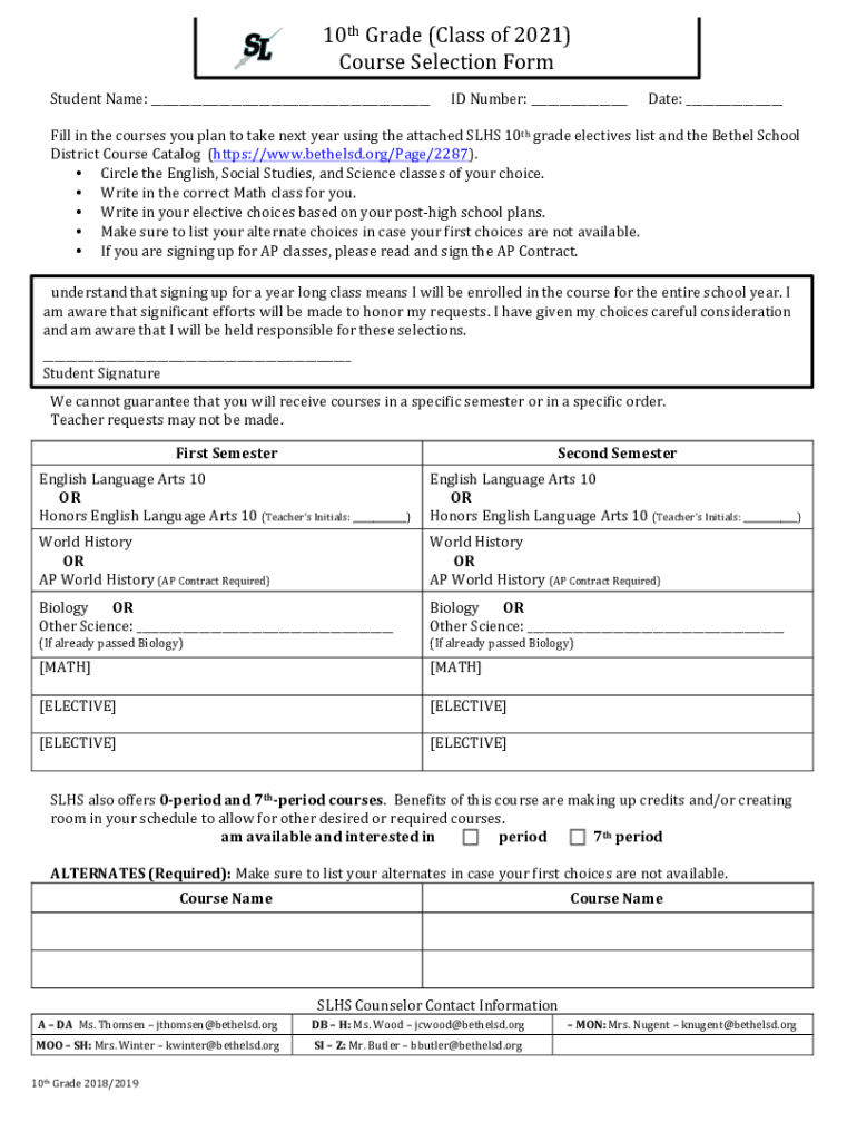 Fillable Online Grade 10 Course Selection Sheet: 2021 - 2022 Fax Email ...