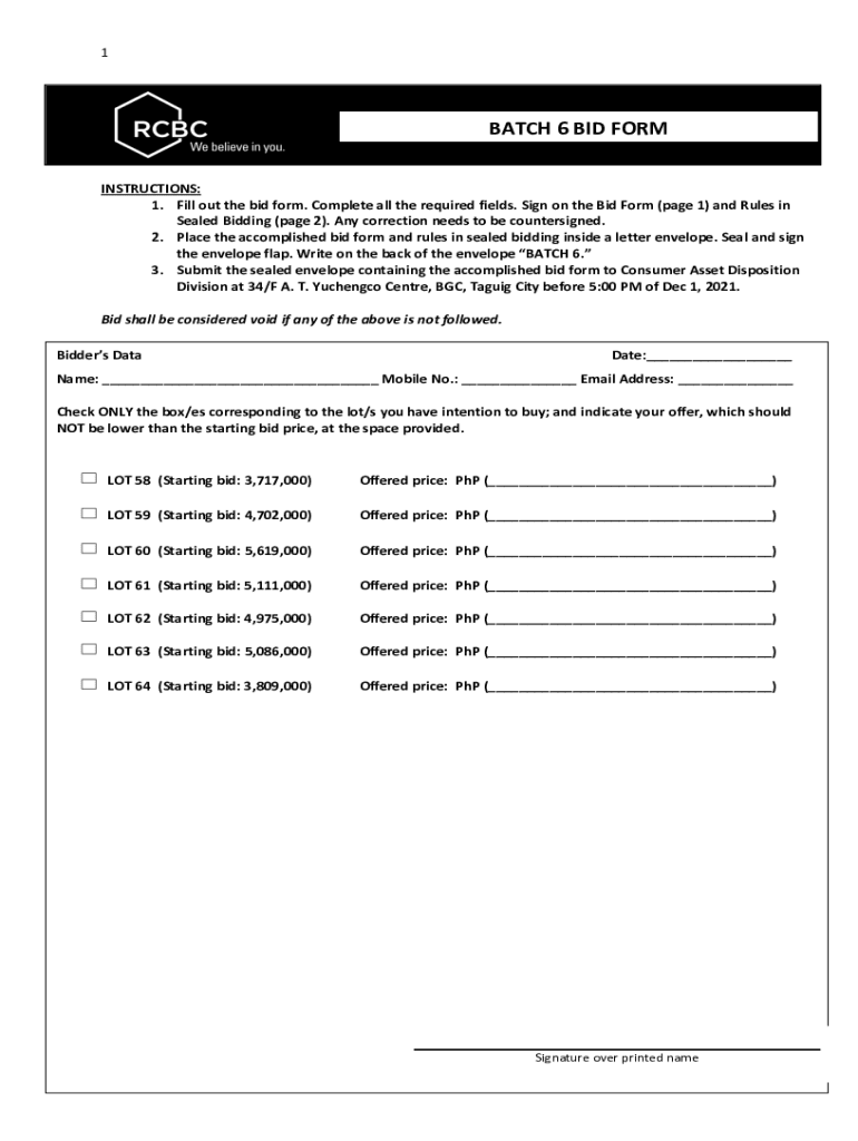 Fillable Online BATCH 6 BID FORM - RCBC Fax Email Print - pdfFiller