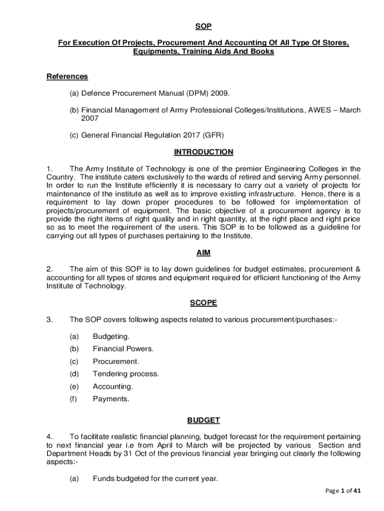 Fillable Online SOP For Execution Of Projects, Procurement And ...