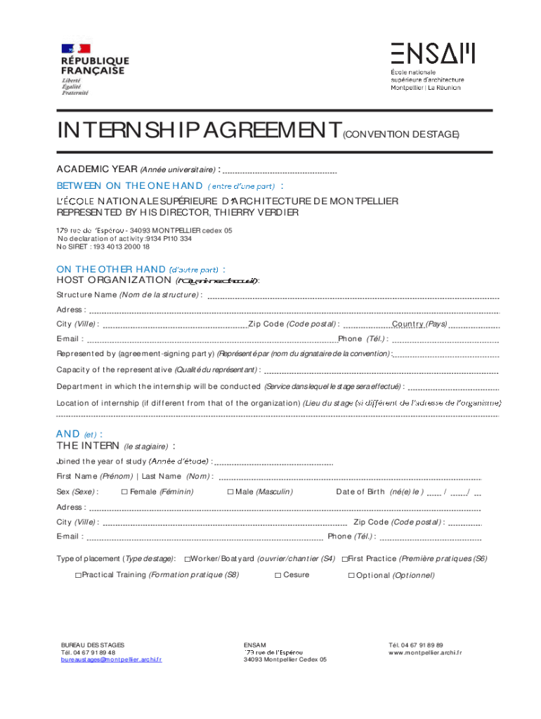 Fillable Online internship agreement(convention de stage) - ENSAM Fax Email Print - pdfFiller