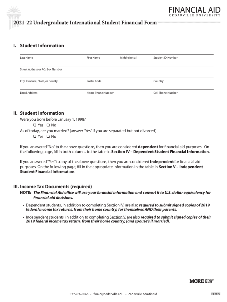 Fillable Online 2021-22 Undergraduate International Student Financial ...