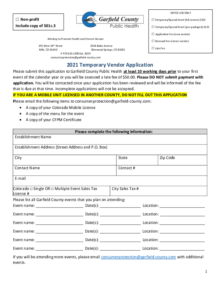 Fillable Online 2021 Temporary Vendor Application - Garfield County Fax ...