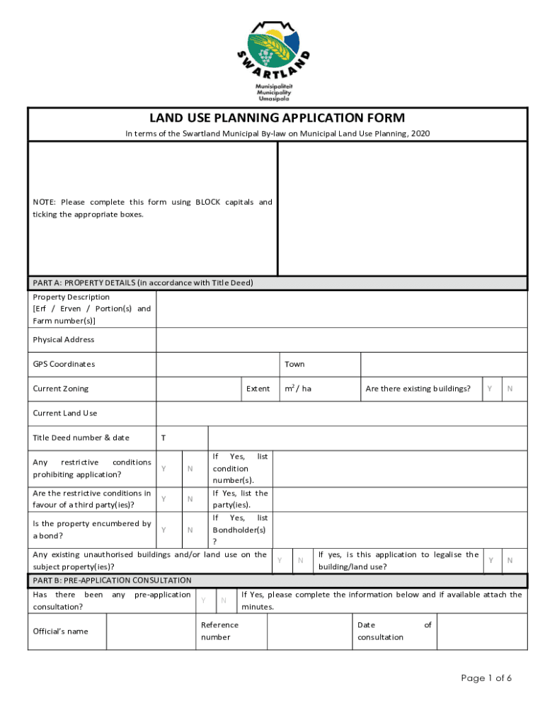 Fillable Online Swartland Municipality - Land Use Planning Application ...