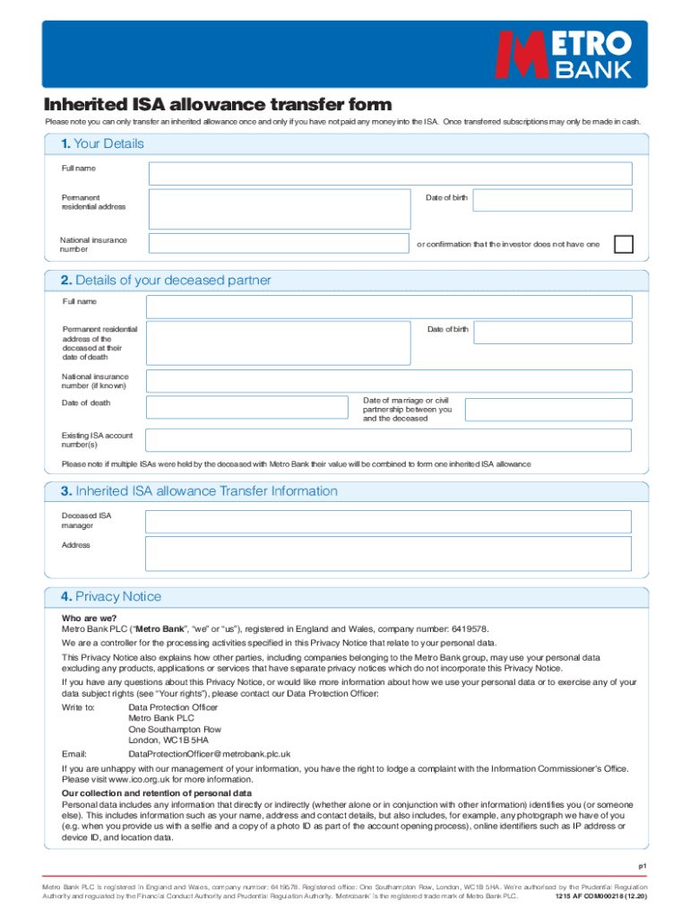 Fillable Online Inherited ISA allowance transfer form - Metro Bank Fax ...