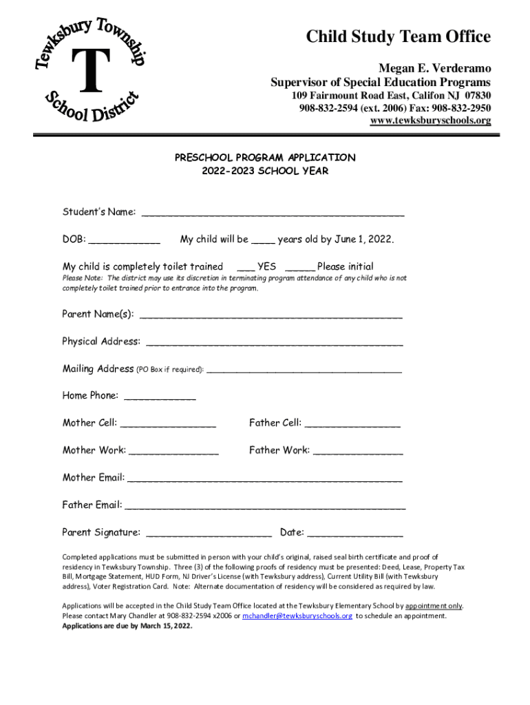 Fillable Online Child Study Team Members - Tewksbury Township Schools ...