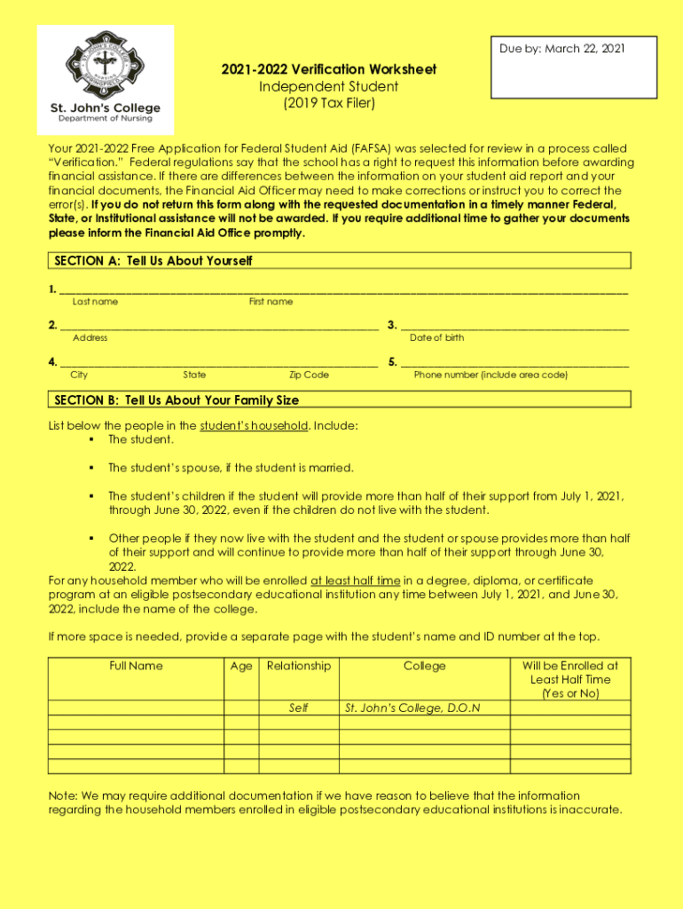 Fillable Online 2021-2022 Verification Worksheet Independent Student (Non ... Fax Email Print ...