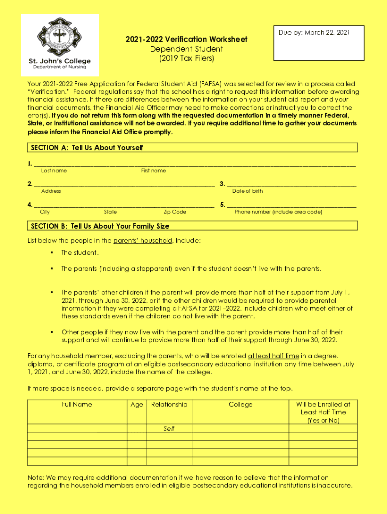 Fillable Online 2021-2022 Verification Worksheet Dependent Student (One or ... Fax Email Print ...