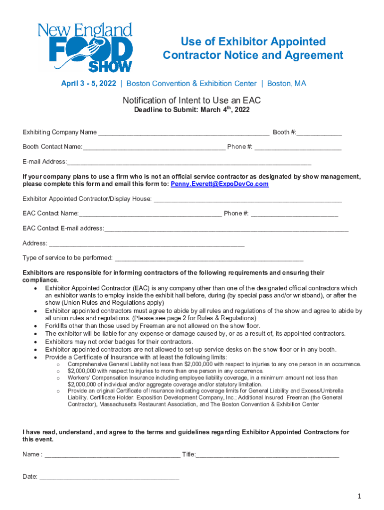 Fillable Online Use of Exhibitor Appointed Contractor Notice and ...