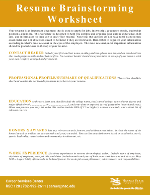 Fillable Online Resume Brainstorming Worksheet - Nevada State College Fax Email Print - pdfFiller