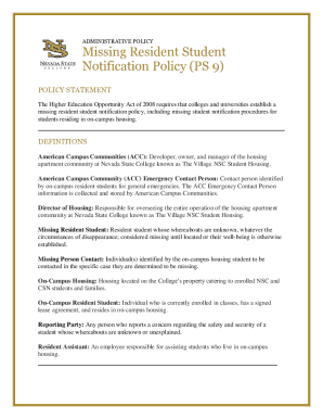 Fillable Online Missing Resident Student Notification Policy (PS 9) Fax ...