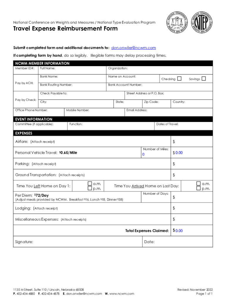 Fillable Online Travel Expense Reimbursement Form - NCWM Fax Email ...
