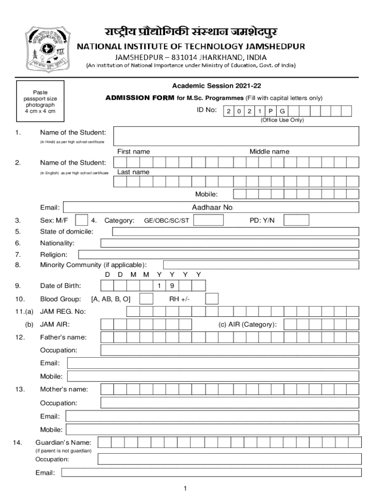 Fillable Online admission form - NIT Jamshedpur Fax Email Print - pdfFiller