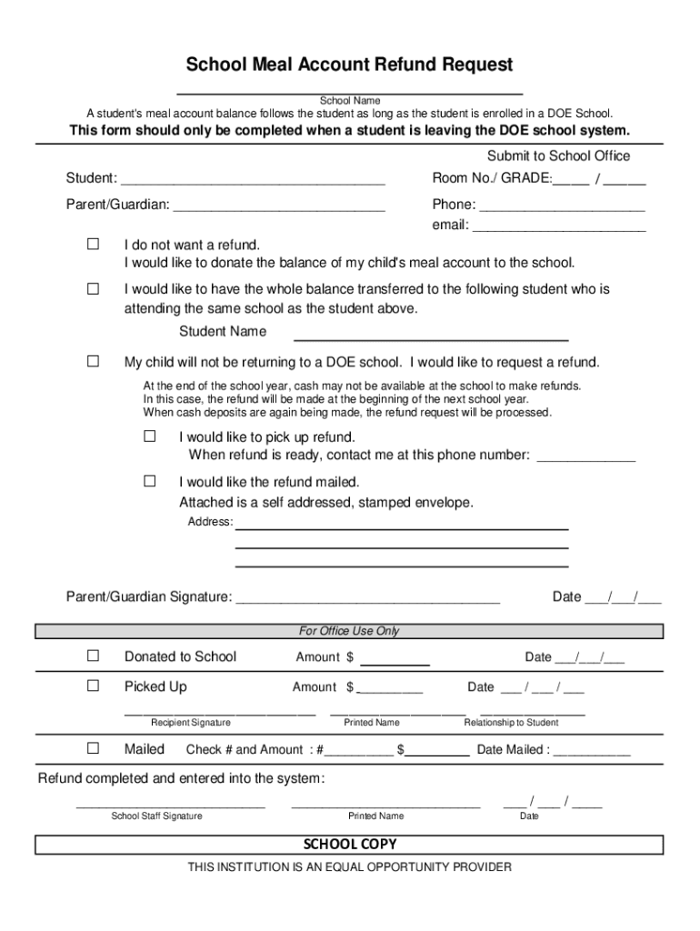 Fillable Online School Meal Account Refund Form (03844185x9EF3B) Fax ...