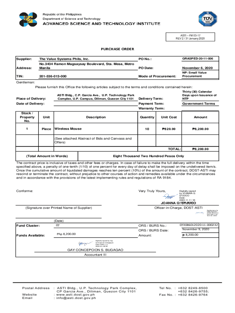Fillable Online asti dost gov PURCHASE ORDER - DOST-ASTI Fax Email ...