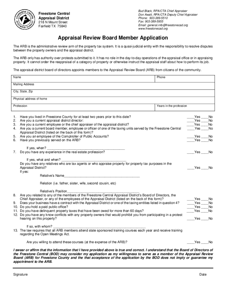 Fillable Online Appraisal Review Board Member ApplicationFreestone CAD ...