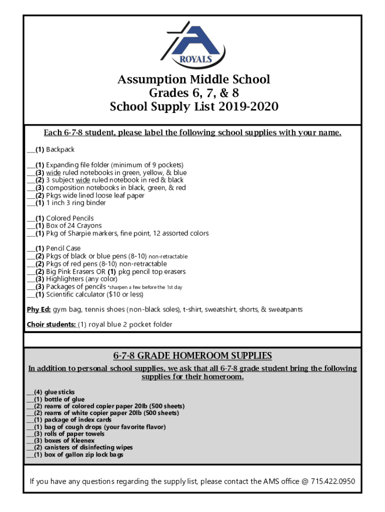 Fillable Online Assumption Middle School Grades 6, 7, & 8 School Supply ...