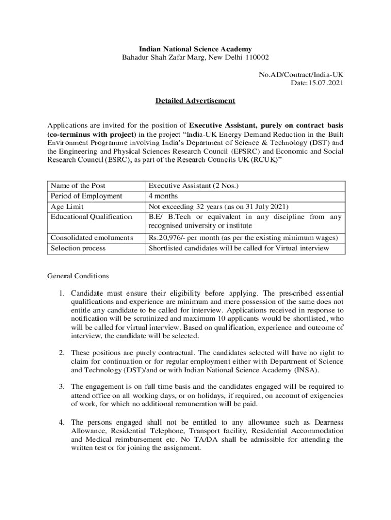 Fillable Online Executive Assistant - Indian National Science Academy ...