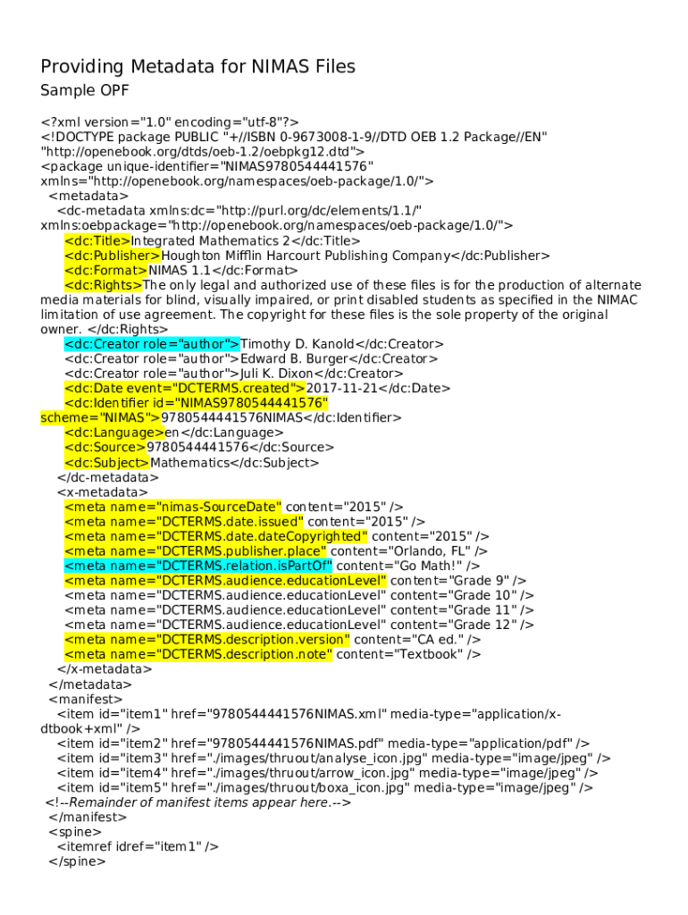 Providing Metadata for NIMAS Files Doc Template | pdfFiller