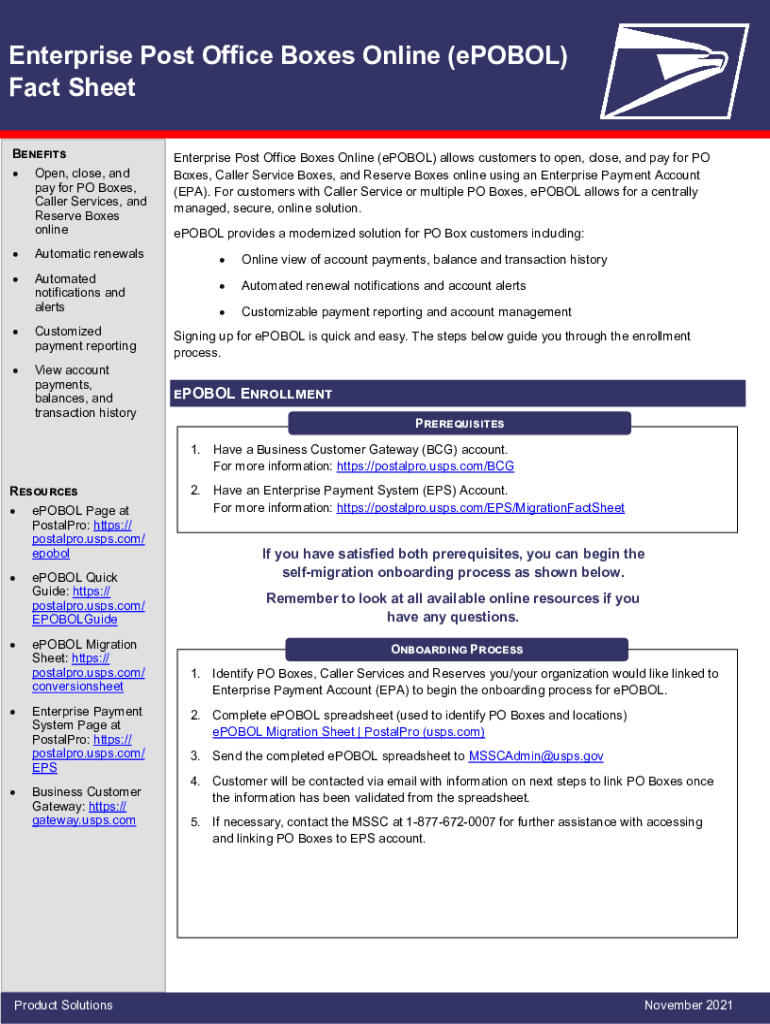 Fillable Online Enterprise Post Office Boxes Online (ePOBOL) Fact Sheet ...
