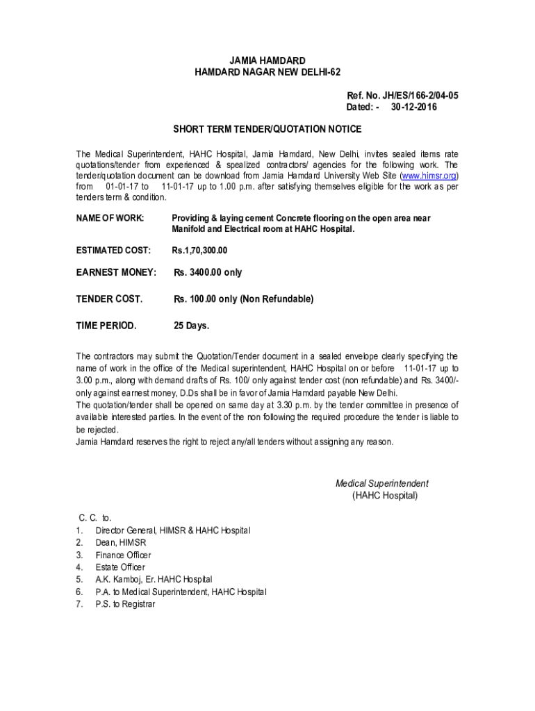 Fillable Online 30-12-2016 SHORT TERM TENDER/QUOTATION NOTICE E Fax ...