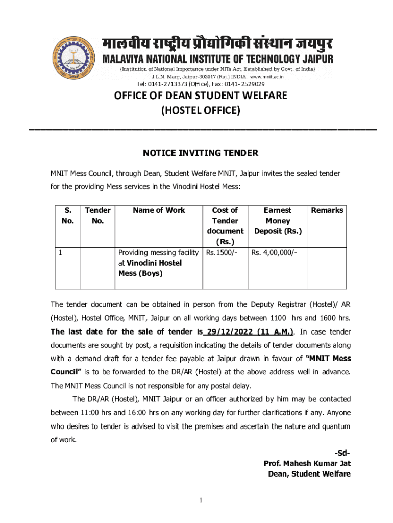 Fillable Online Reviewed Mess Tender -Vinodini Hostel (Boys).doc Fax Email Print - pdfFiller