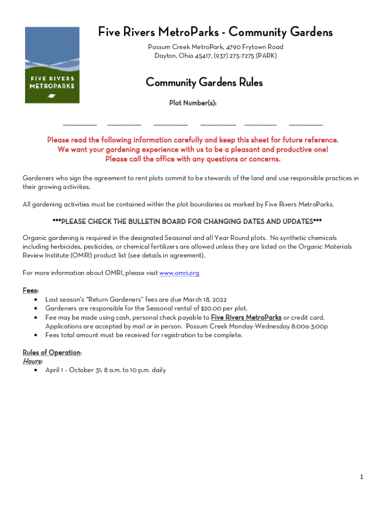 Fillable Online Community Gardens Rules - Five Rivers MetroParks Fax ...