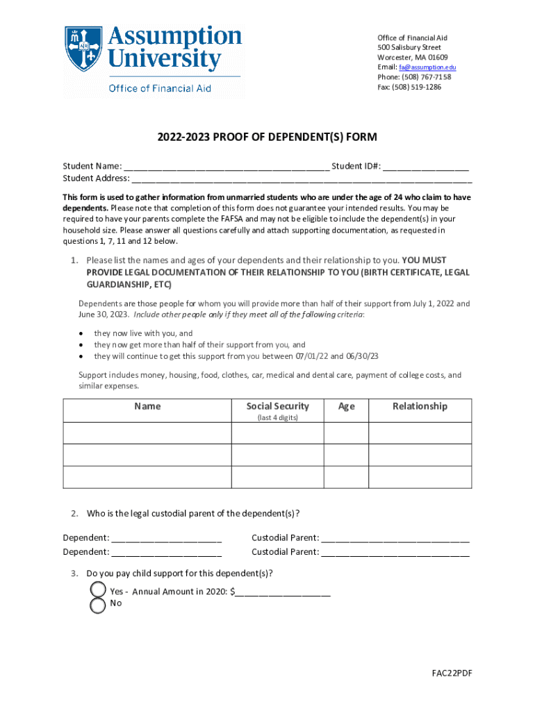 Fillable Online 2022-2023 PROOF OF DEPENDENT(S) FORM Fax Email Print ...