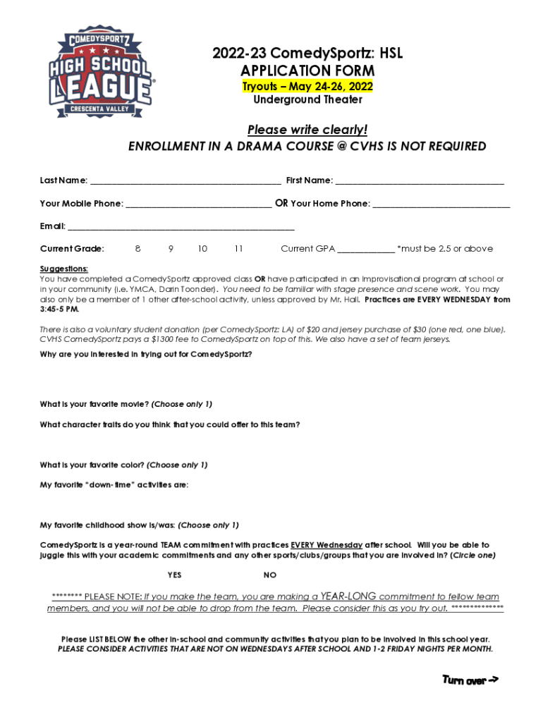 Fillable Online 2022-23 ComedySportz: HSL APPLICATION FORM Fax Email Print - pdfFiller