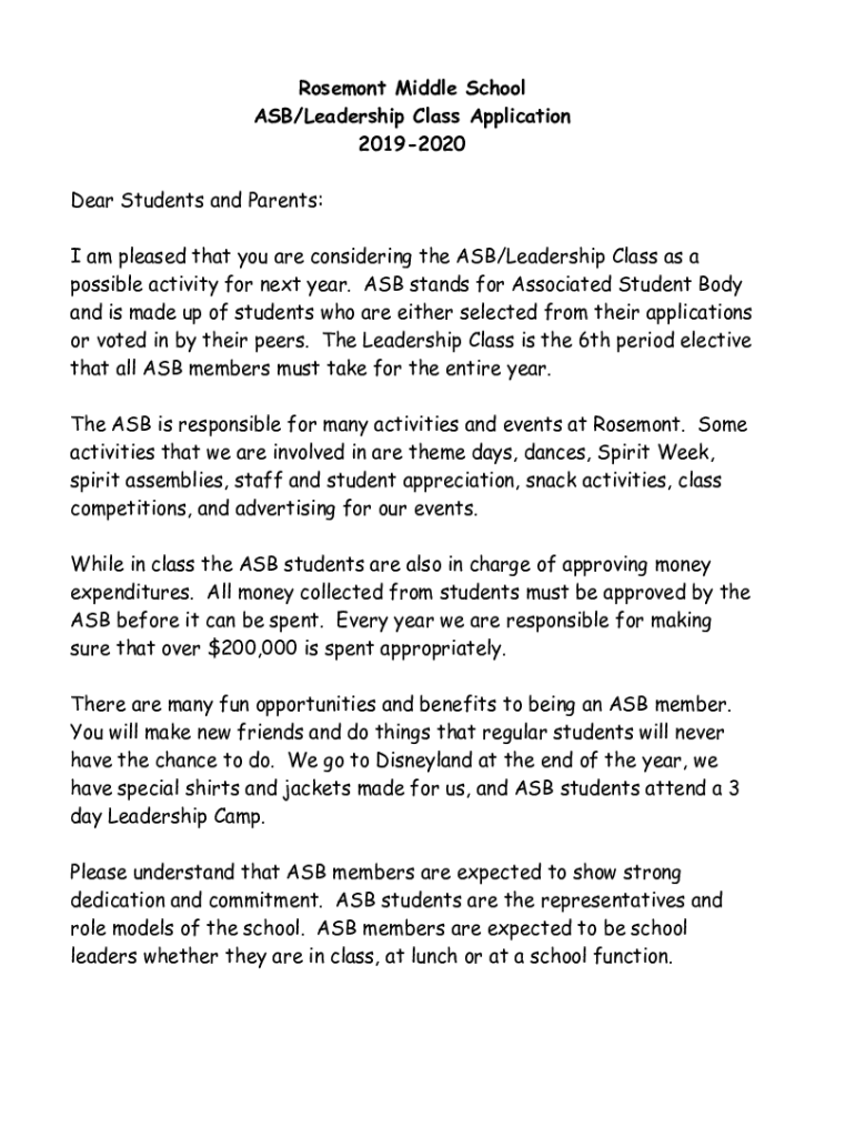 Fillable Online Rosemont Middle School ASB/Leadership Class Application ...