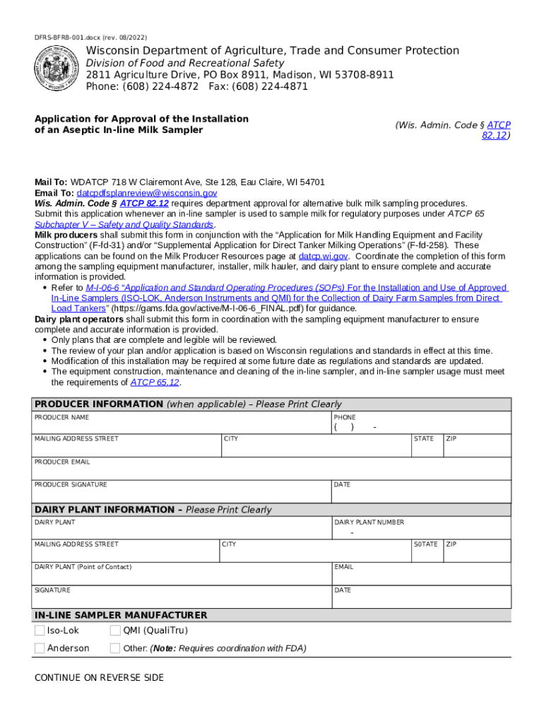 Supplemental Application for In-Line Sampler - datcp wi Doc Template | pdfFiller