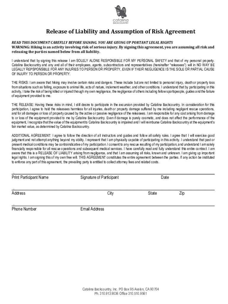 Fillable Online participant release of liability and assumption of risk ...
