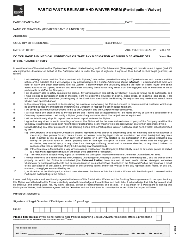 Fillable Online PARTICIPANT'S RELEASE AND WAIVER FORM (Participation ...