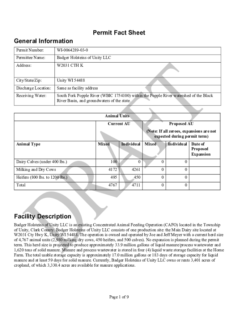 Fillable Online dnr wisconsin WPDES Permit Fact Sheet for Badger Holsteins of Unity LLC WI ...