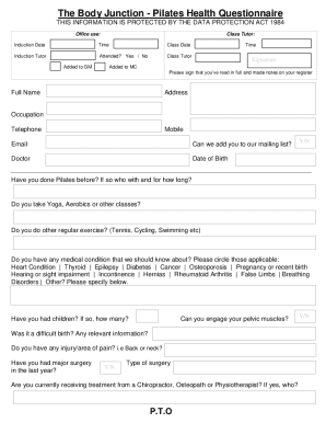 Fillable Online Pilates Health Questionnaire - The Body Junction Fax ...