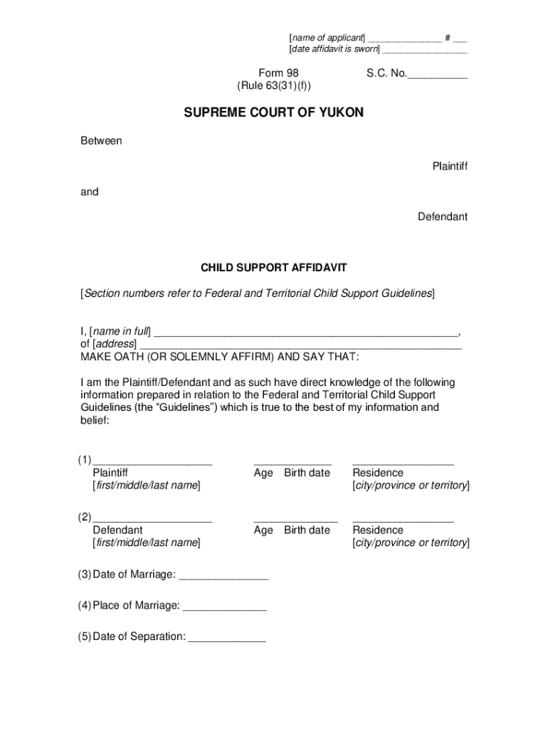 Fillable Online Form 98: Child support affidavit - Yukon courts Fax ...