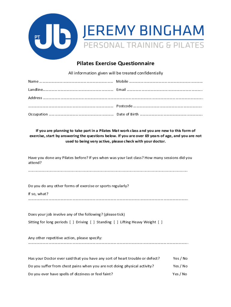 Fillable Online Pilates Assessment Form Fax Email Print - pdfFiller