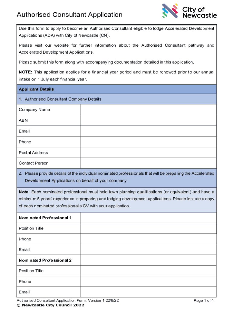 Fillable Online newcastle nsw gov Authorised Consultant Application Form - City of Newcastle Fax ...