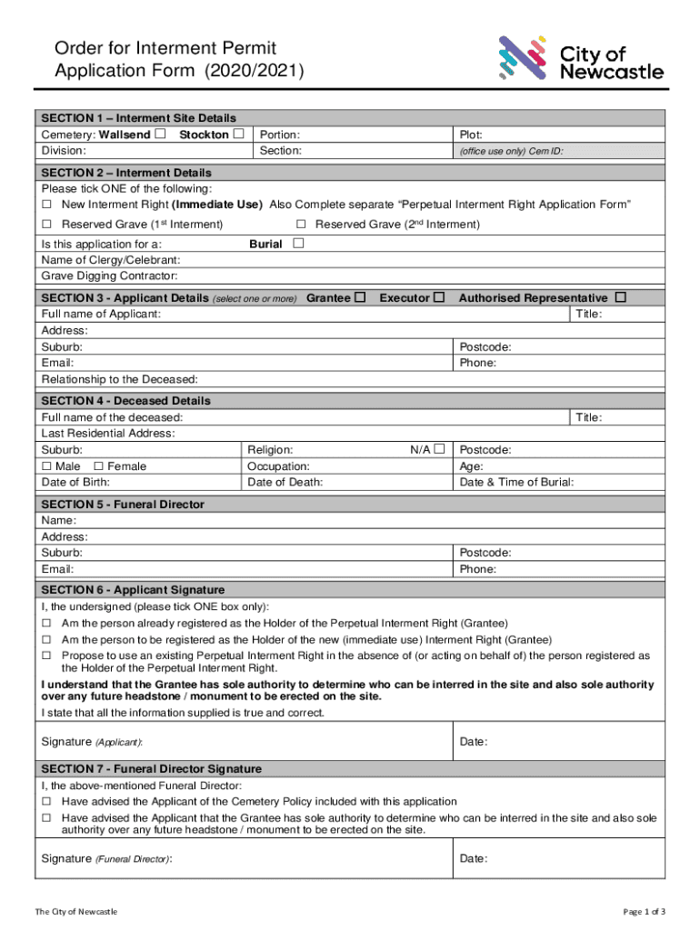 Fillable Online newcastle nsw gov Order for Interment Permit Application Form (2020/2021) Fax ...