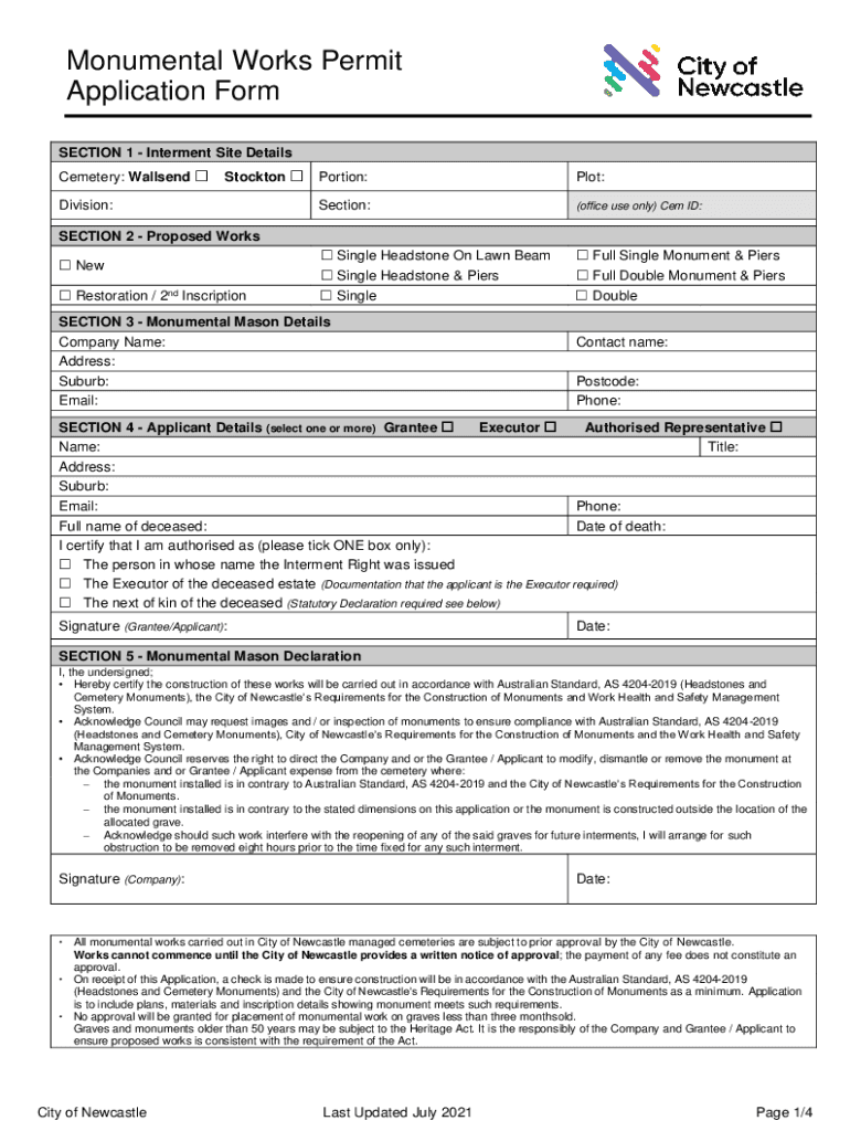 Fillable Online newcastle nsw gov Memorial Installation Permit ...