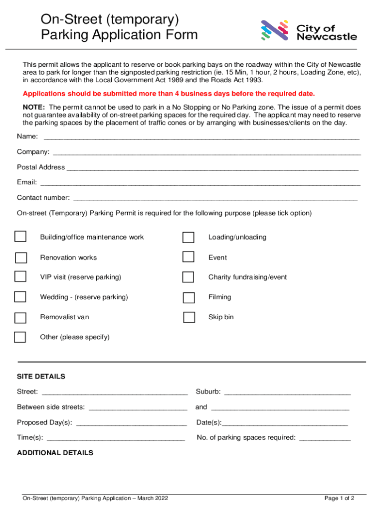 Fillable Online newcastle nsw gov FORM-On-street-Temporary-Parking-Permit-Application- ... Fax ...