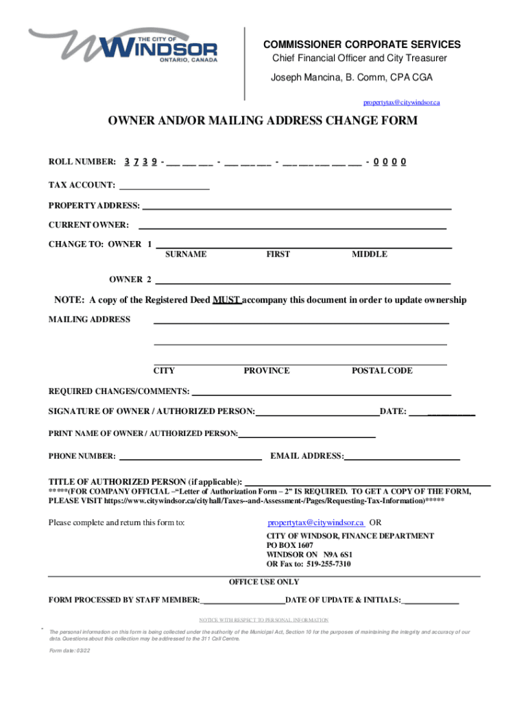 Fillable Online OWNER AND/OR MAILING ADDRESS CHANGE FORM Fax Email ...