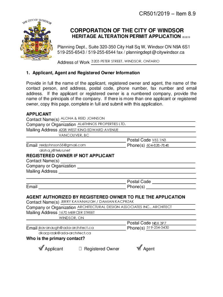 Fillable Online HERITAGE PERMIT APPLICATION - City Of Windsor Fax Email Print - pdfFiller