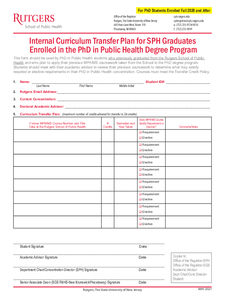 Fillable Online sph rutgers Internal Curriculum Transfer Plan for SPH ...