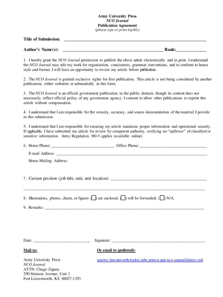 Fillable Online Army University Press NCO Journal Publication Agreement ...