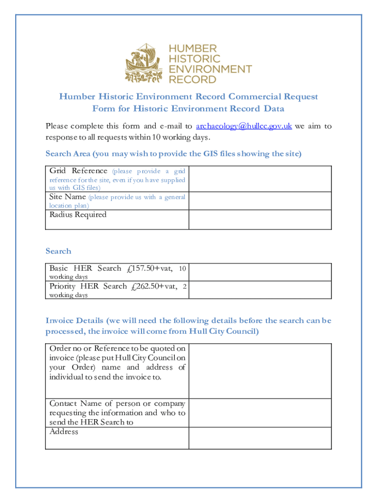 Fillable Online Humber historic enviroment record request form. Humber ...
