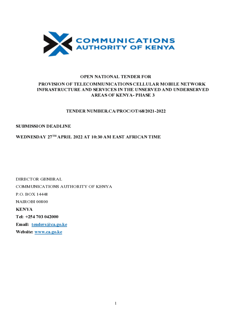 Fillable Online OPEN NATIONAL TENDER FOR PROVISION OF ...