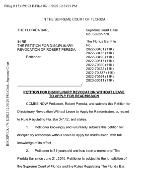 Fillable Online THE PETITION FOR DISCIPLINARY REVOCATION OF ... Fax ...