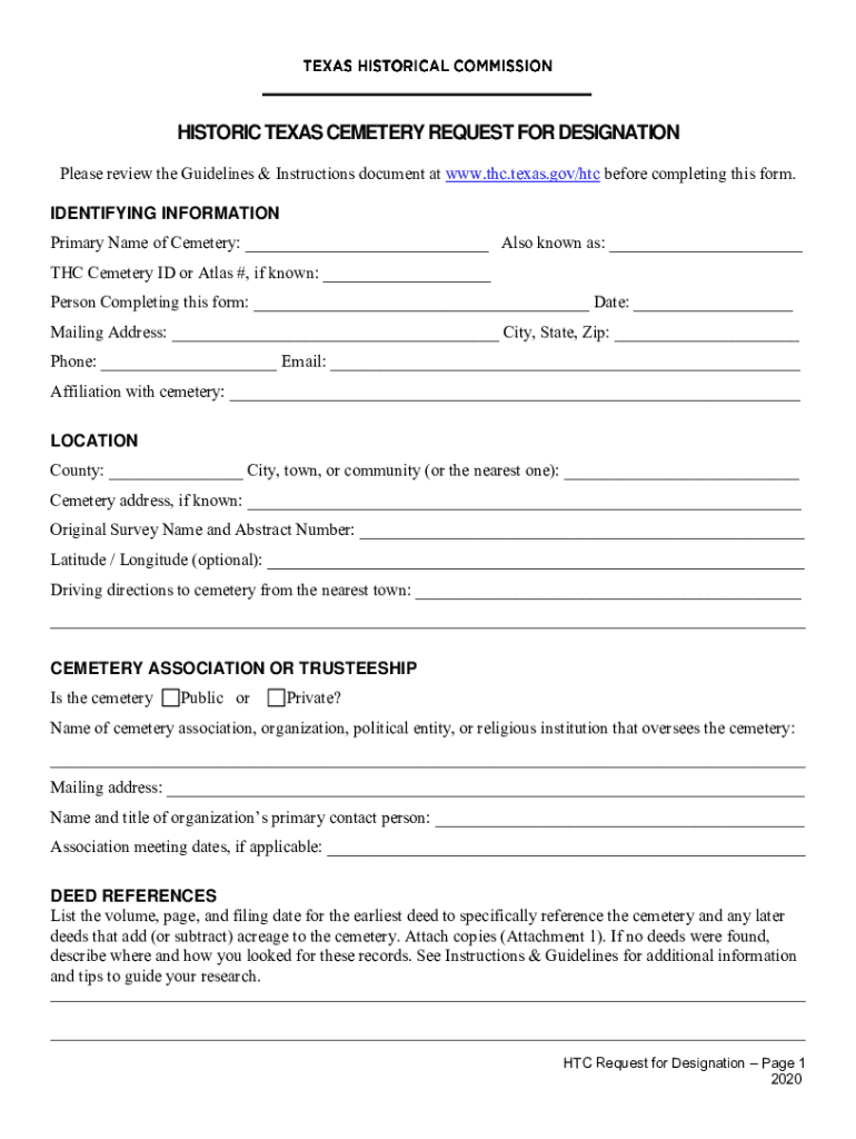 Fillable Online Fill - Free fillable HISTORIC TEXAS CEMETERY REQUEST ...