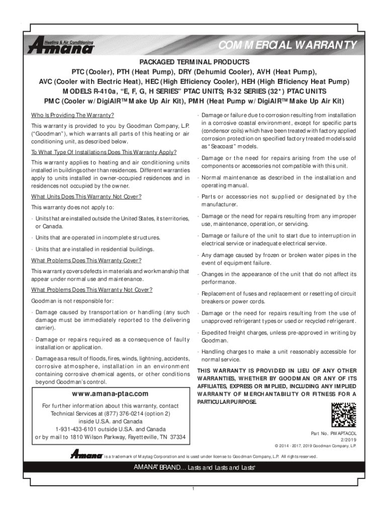 Fillable Online The Improved Amana R-410A PTAC Unit Uses Less Energy ...